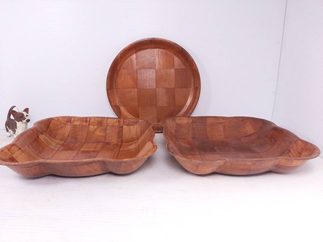 Vintage Pressed Wood in Checkerboard Pattern Bowls and Plate, Very Good ...
