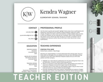 Teacher Resume Template for Word, Elementary School Resume, Teacher CV ...