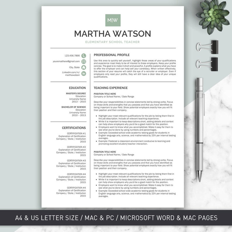Teacher Resume Template for Word and Pages | Elementary Resume, 2 Page ...