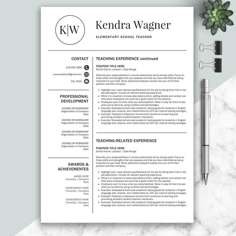 Teacher Resume Template for Word & Pages | Teacher CV Template ...