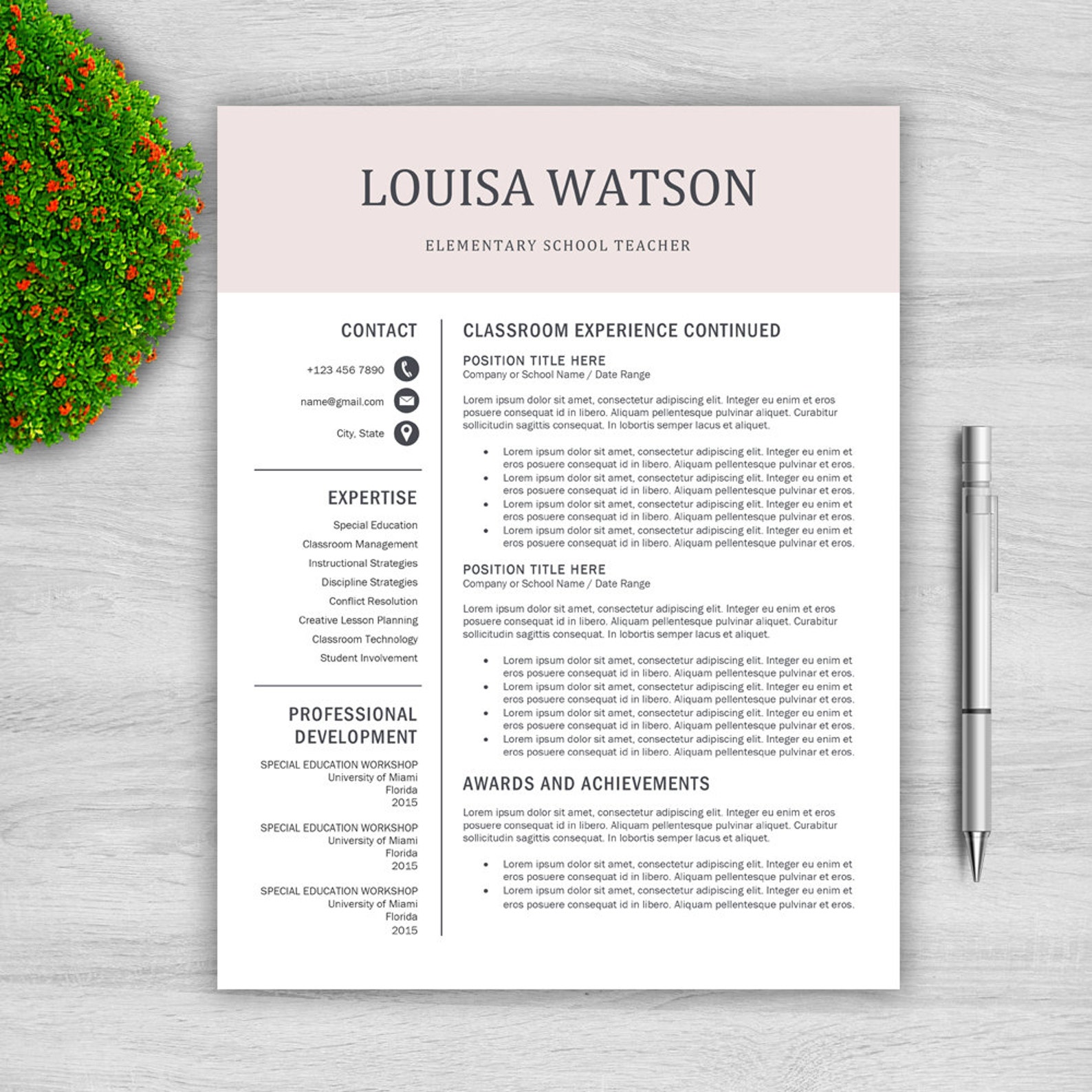 Teacher Resume Template for Word / Teacher CV Template Teaching Resume ...