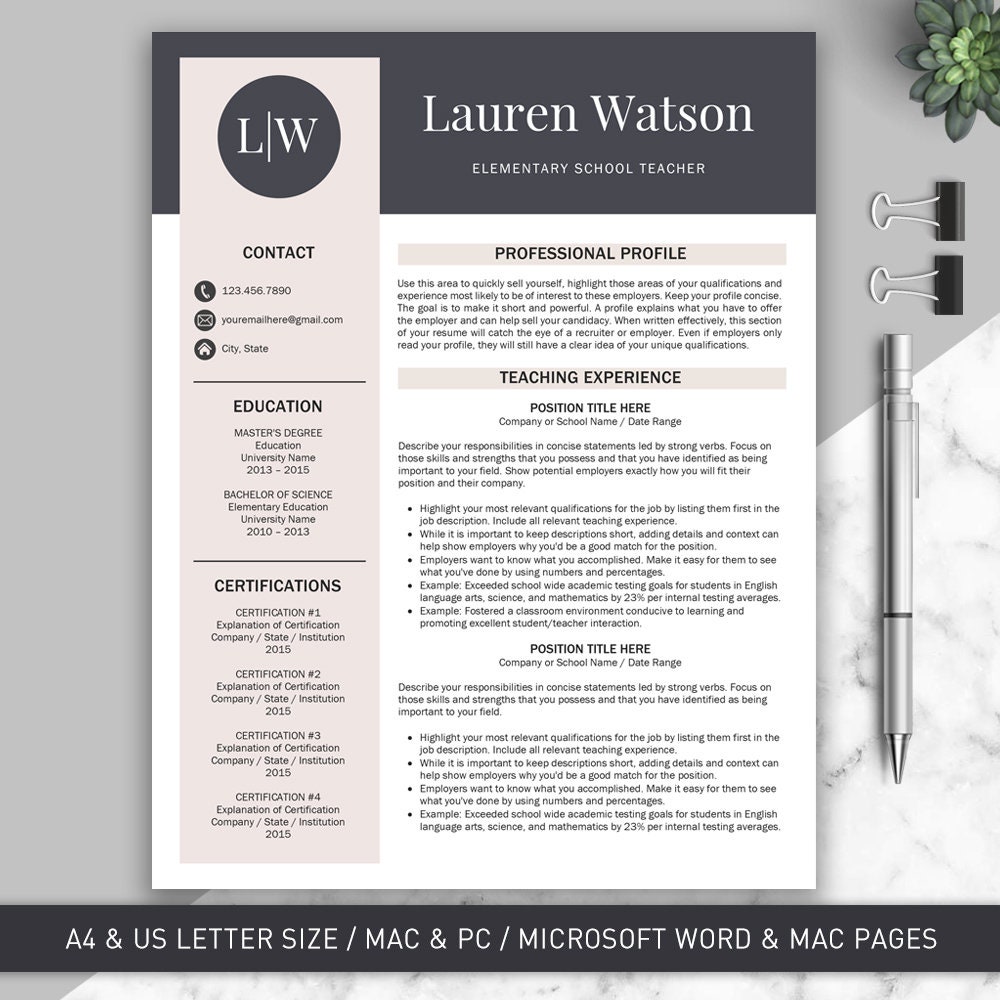 Teacher Resume Template for Word & Pages | Teacher CV Template ...