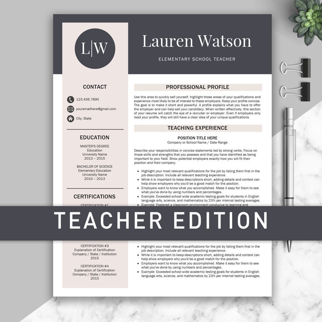 Teacher Resume Template for Word and Pages | Elementary Resume ...
