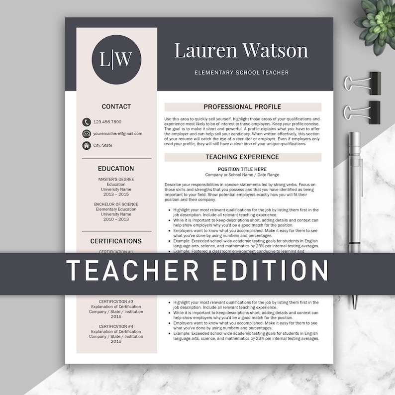 Teacher Resume Template for Word and Pages | Elementary Resume ...