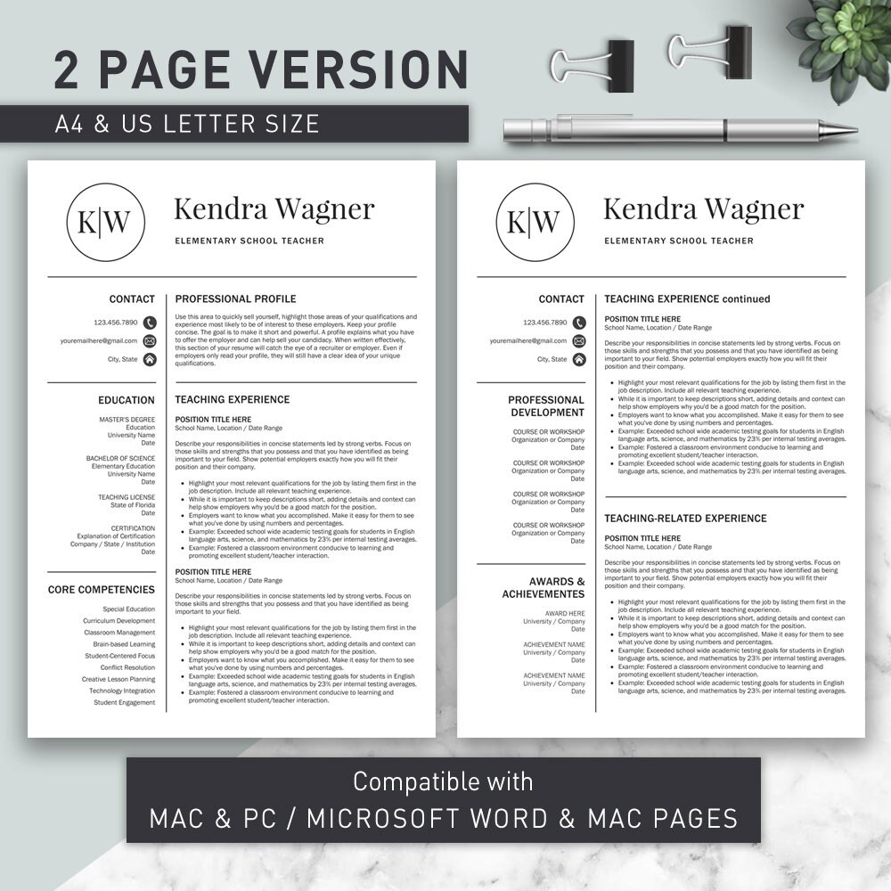 Teacher Resume Template for Word & Pages | Teacher CV Template ...