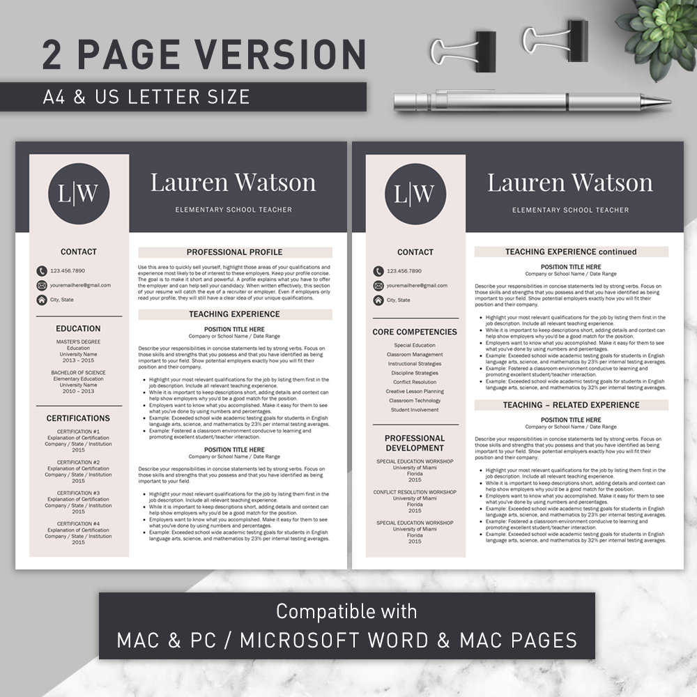 Teacher Resume Template for Word & Pages | Teacher CV Template ...