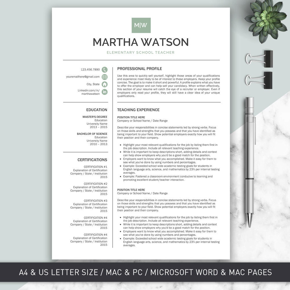 Teacher Resume Template for Word & Pages Teacher CV Template ...