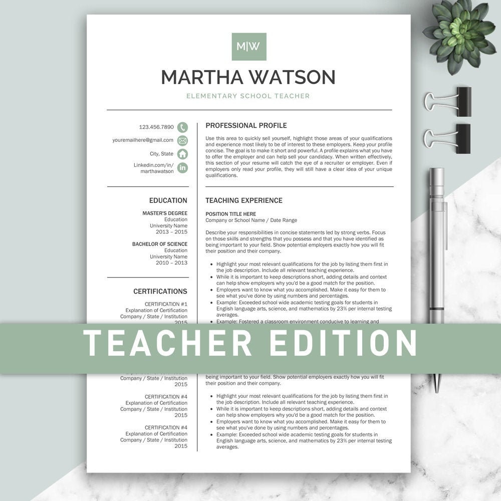 Teacher Resume Template for Word and Pages | Elementary Resume, 2 Page ...