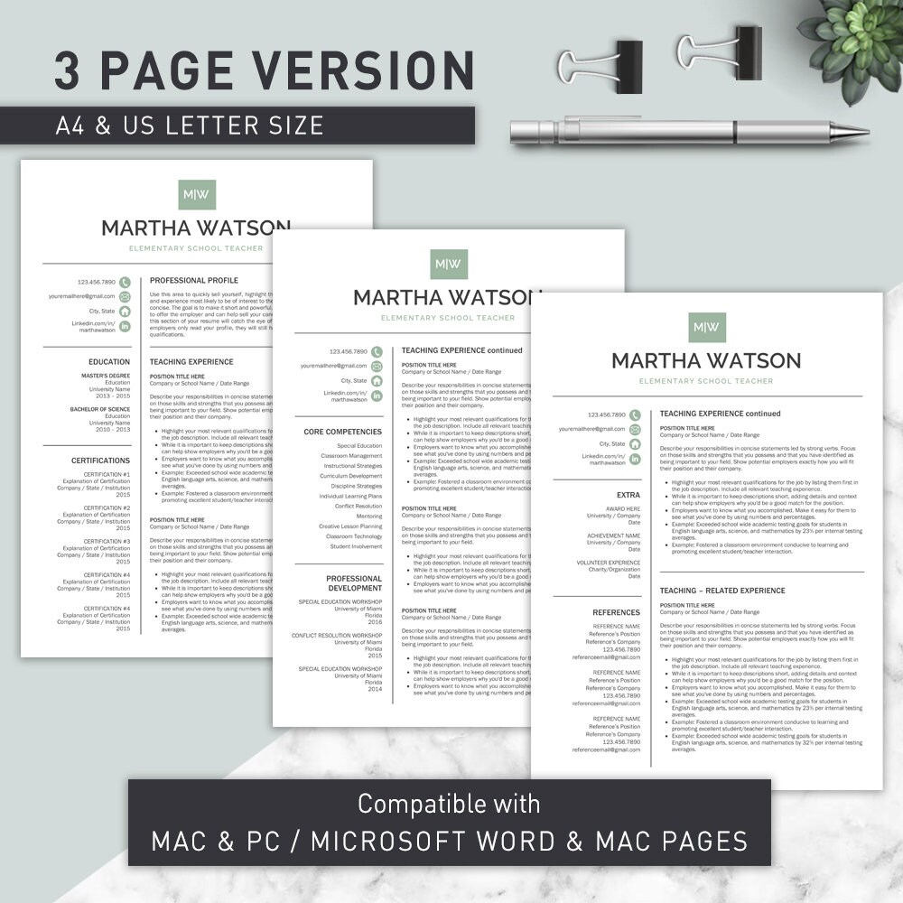 Teacher Resume Template for Word and Pages | Elementary Resume, 2 Page ...