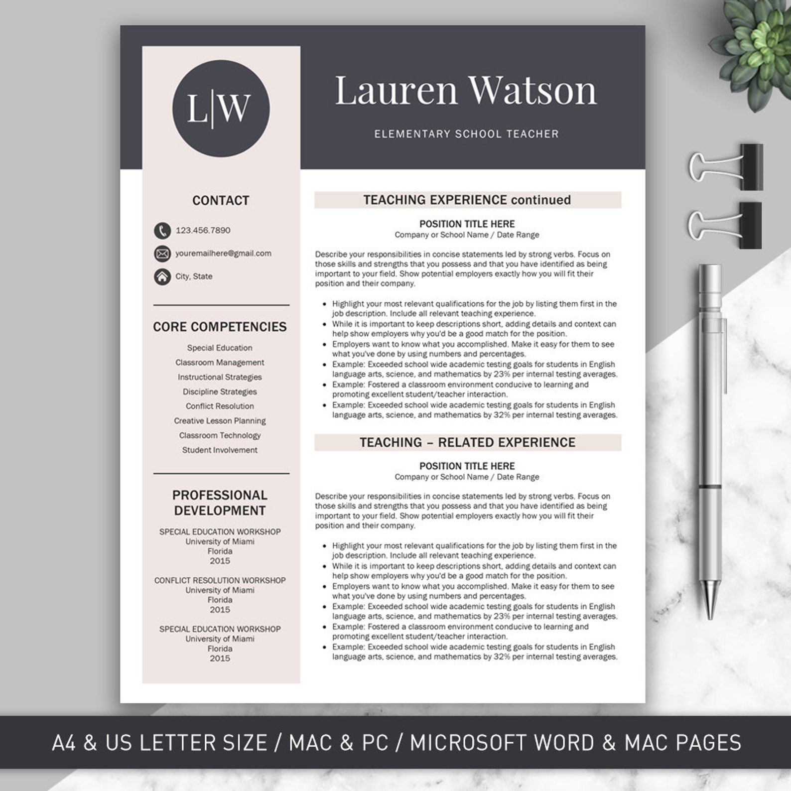 Teacher Resume Template for Word and Pages | Elementary Resume ...
