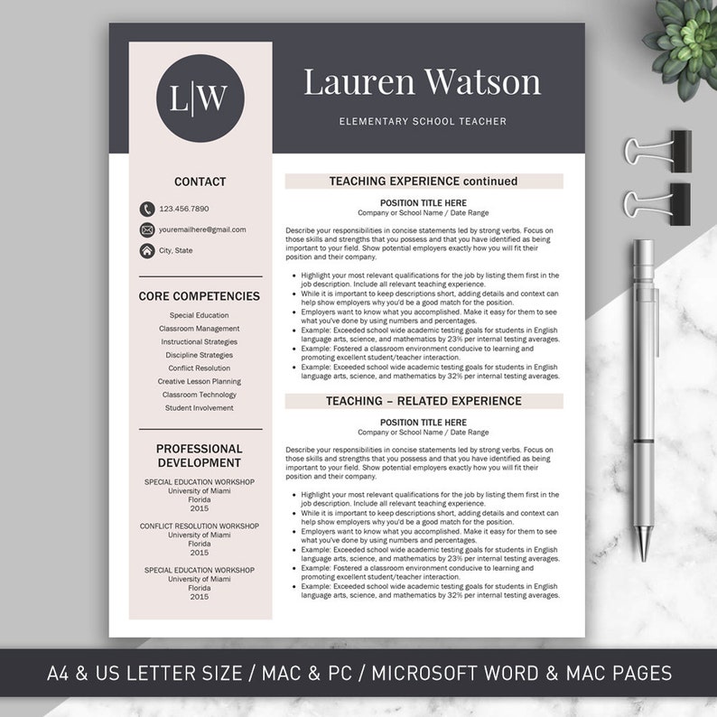 Teacher Resume Template for Word and Pages | Elementary Resume ...