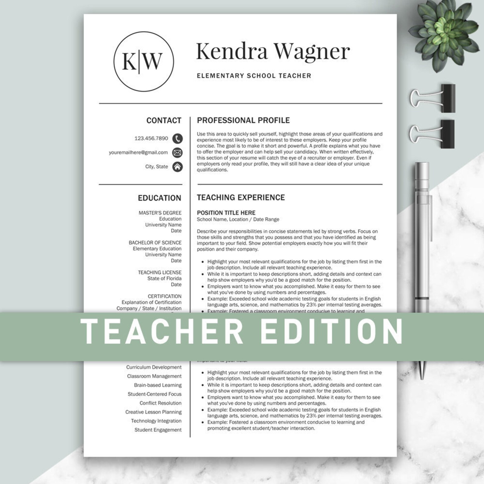 Teacher Resume Template for Word & Pages | Teacher CV Template ...