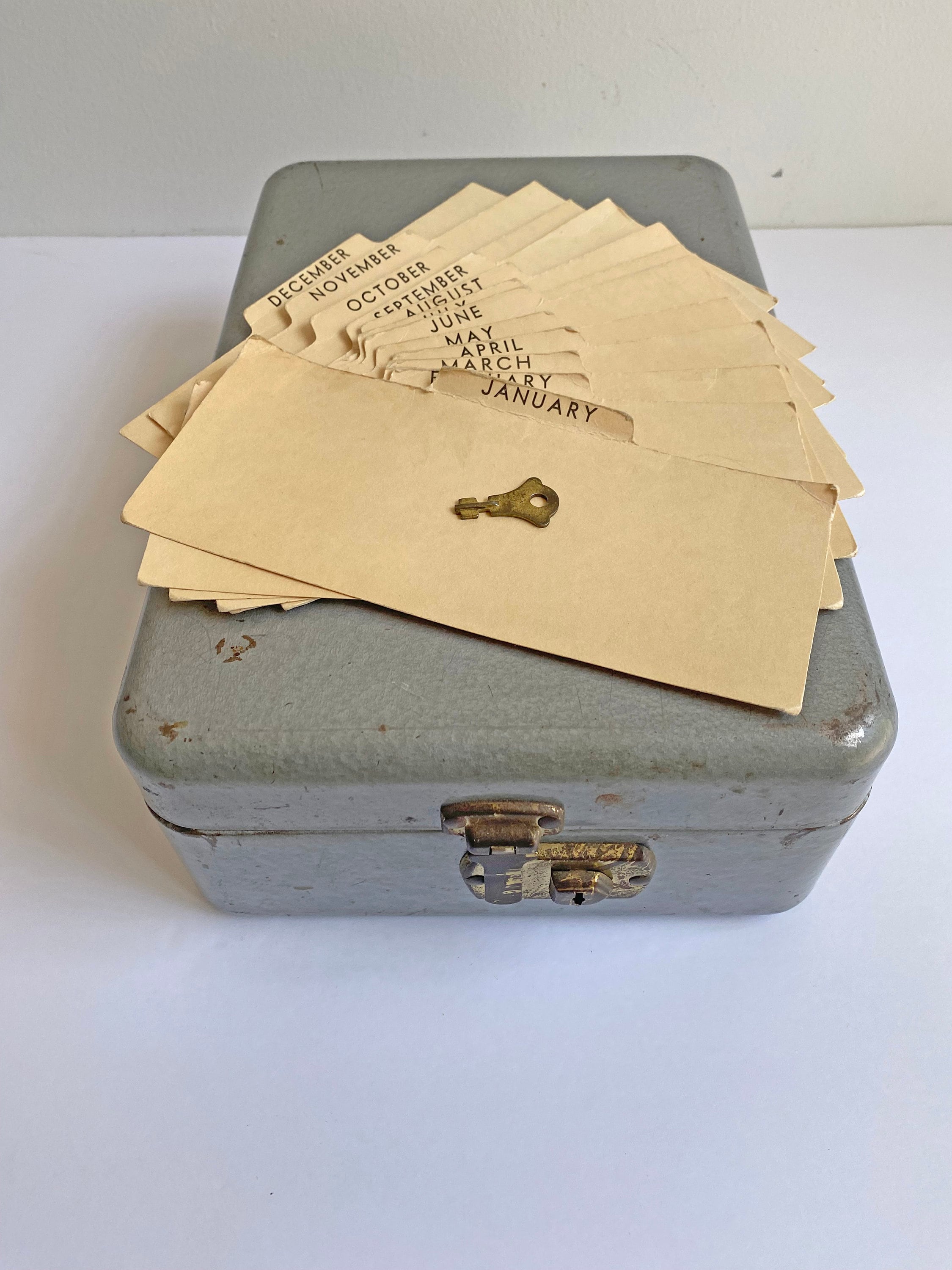 Vintage Metal File, Cash, Document Box With Monthly Index Cards and Key ...