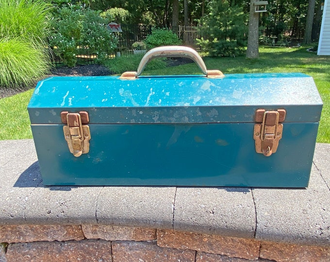 Vintage Blue/teal Metal Toolbox With Tray - Etsy