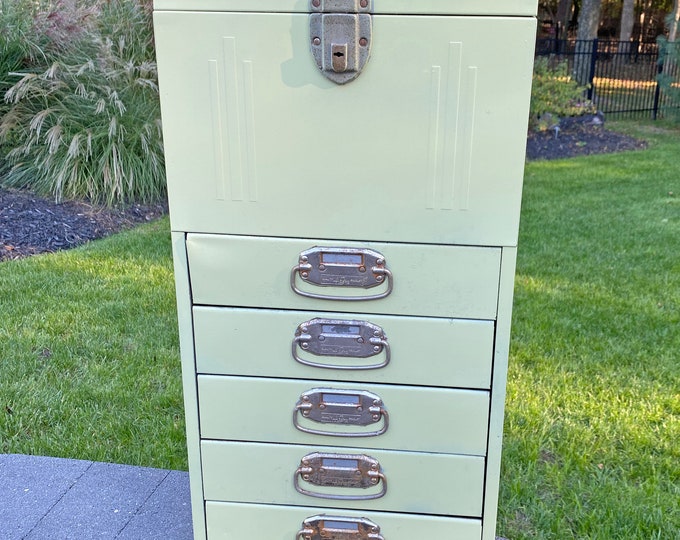 Vintage 1950s Metal Filing Cabinet With 6 Drawers and Upper File Box ...