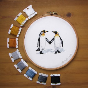Penguin Love Hand Embroidery Pattern - Thread Painting DIY - Animal ...