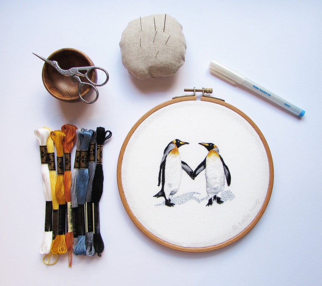 Penguin Love Hand Embroidery Pattern - Thread Painting DIY - Animal ...