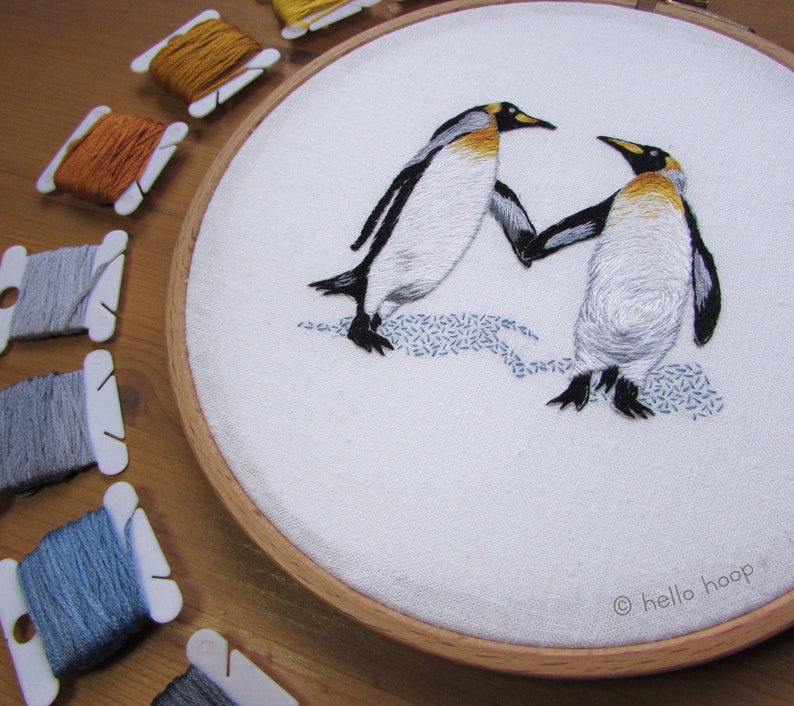 Penguin Love Hand Embroidery Pattern - Thread Painting DIY - Animal ...