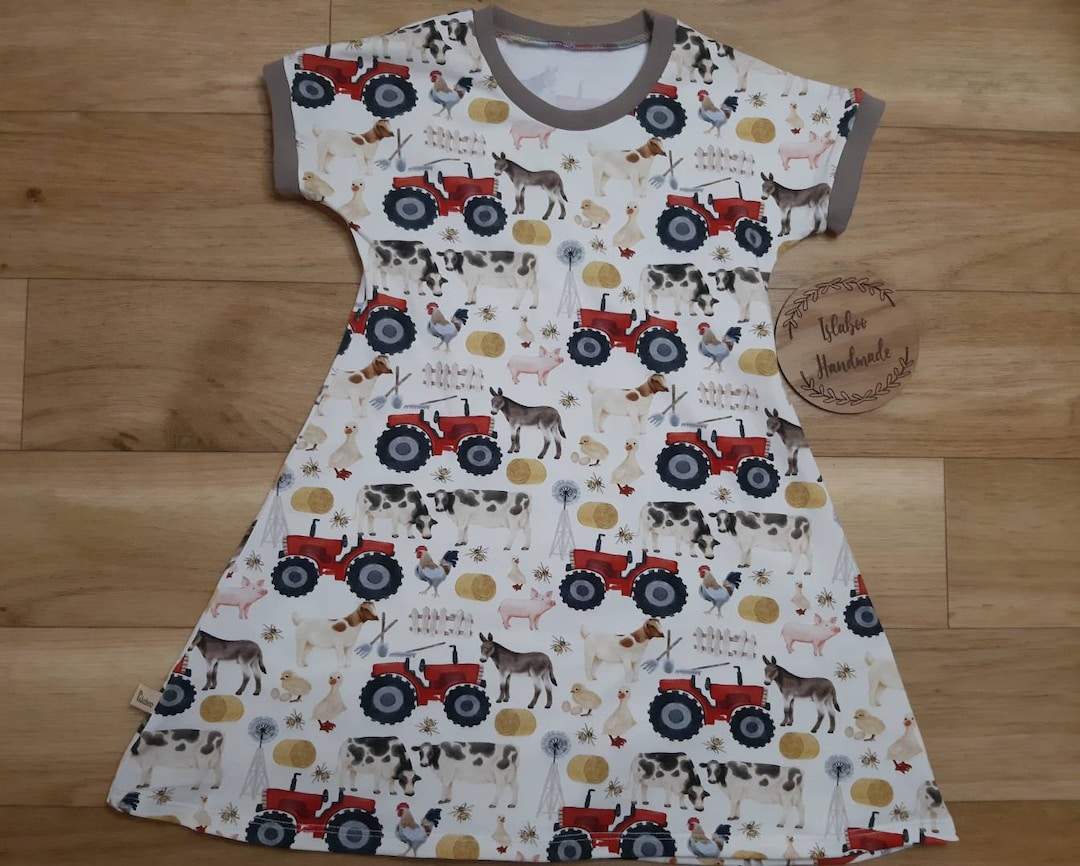 Neutral Farm Dress Red Tractor Dress Donkeys and Cows Dress - Etsy