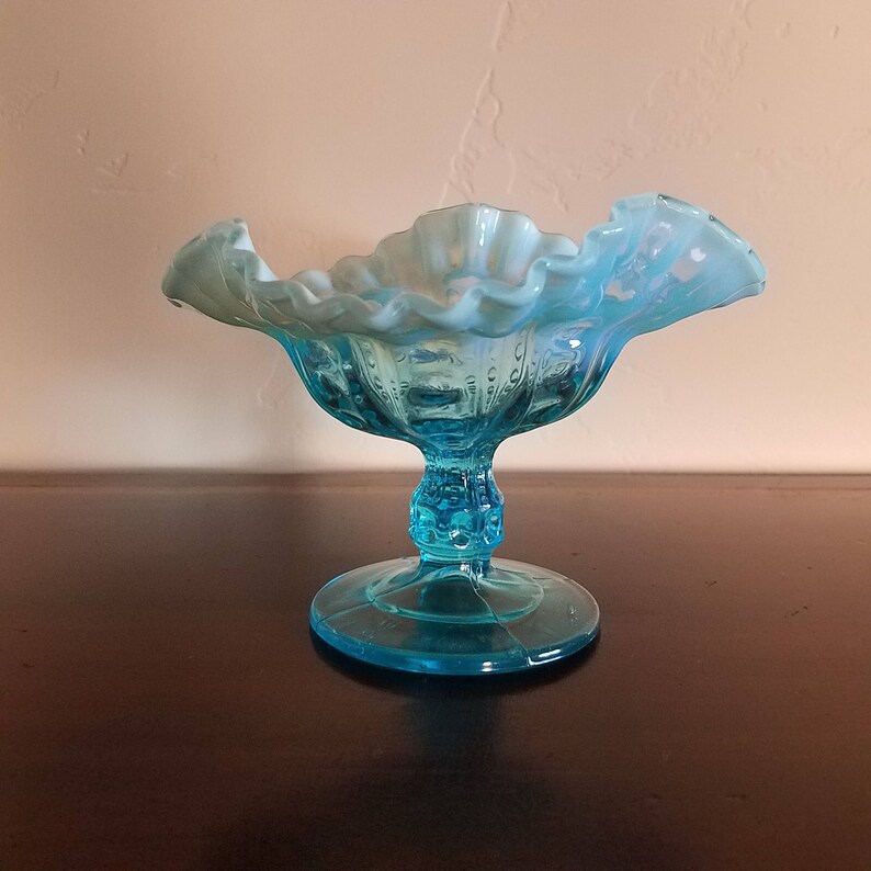 Dugan Glass Co. Blue Opalescent Footed Compote With Coinspot Pattern - Etsy