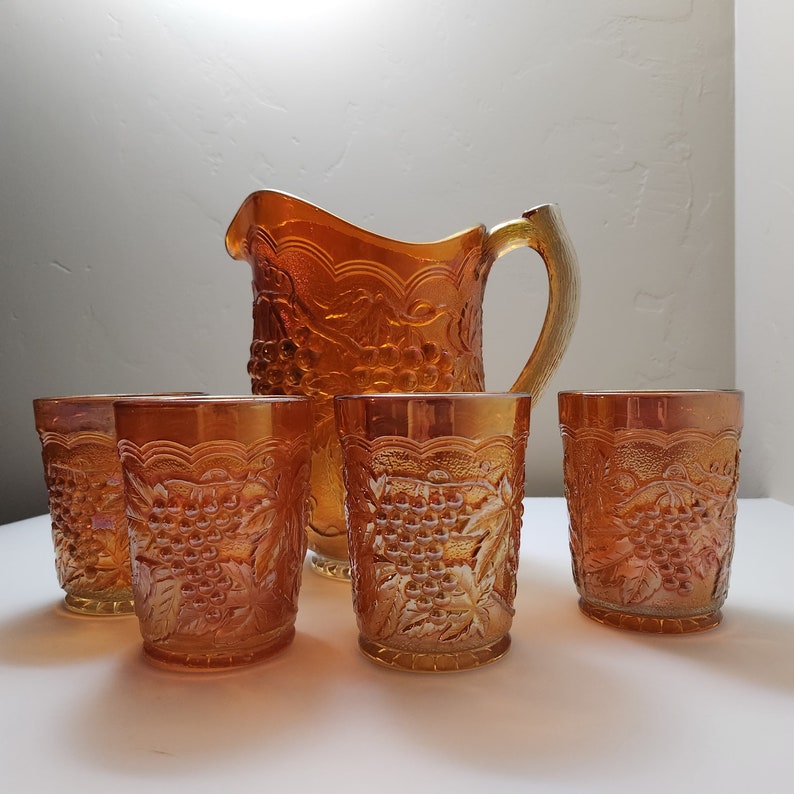Imperial Marigold Carnival Glass Pitcher and 4 Tumblers in - Etsy