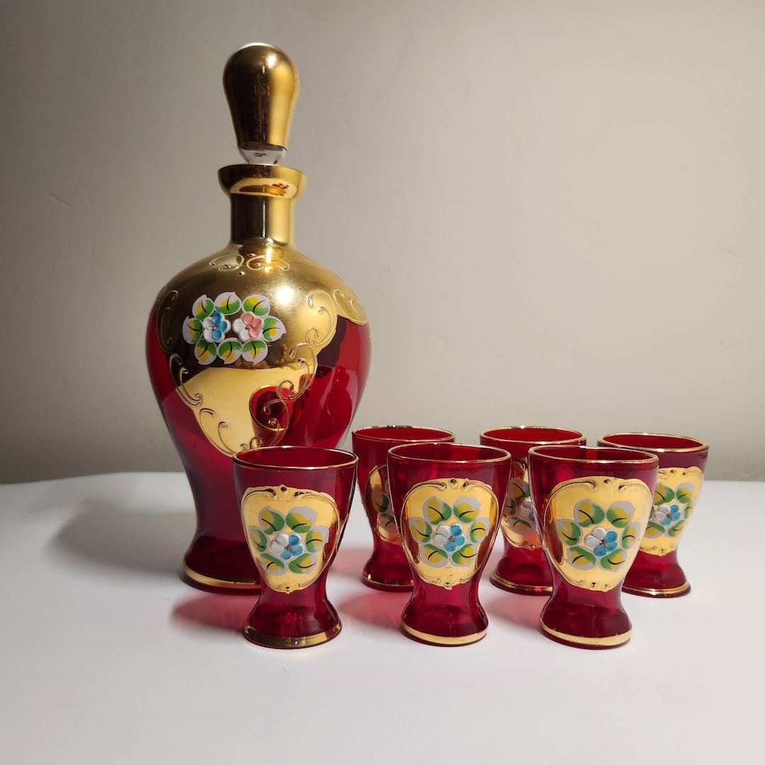 Victorian Glass Decanter Set Ruby Red With Gold Trim and Floral Designs ...