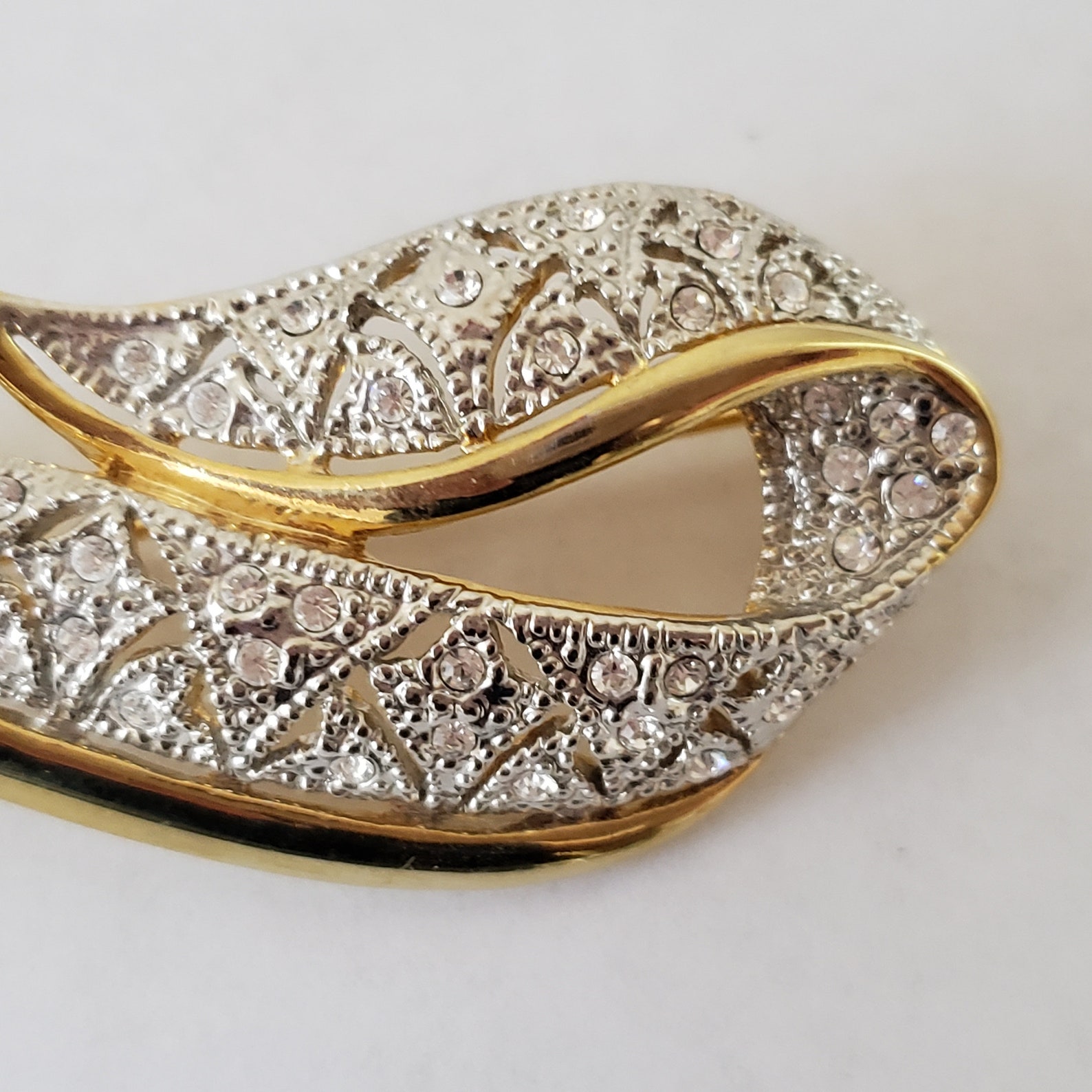 Gold Tone Ribbon Brooch With Pavé Stones | Etsy