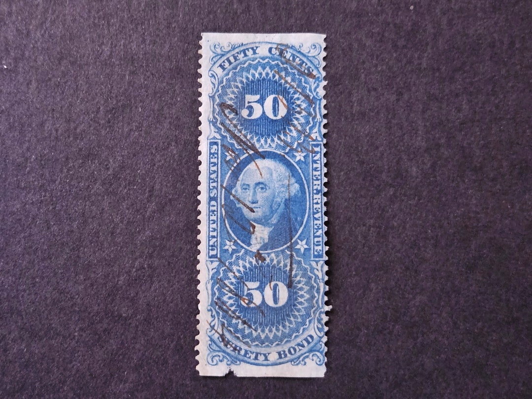 Antique 1800s Blue 50c Surety Bond Revenue Stamp With Pen Cancellation ...