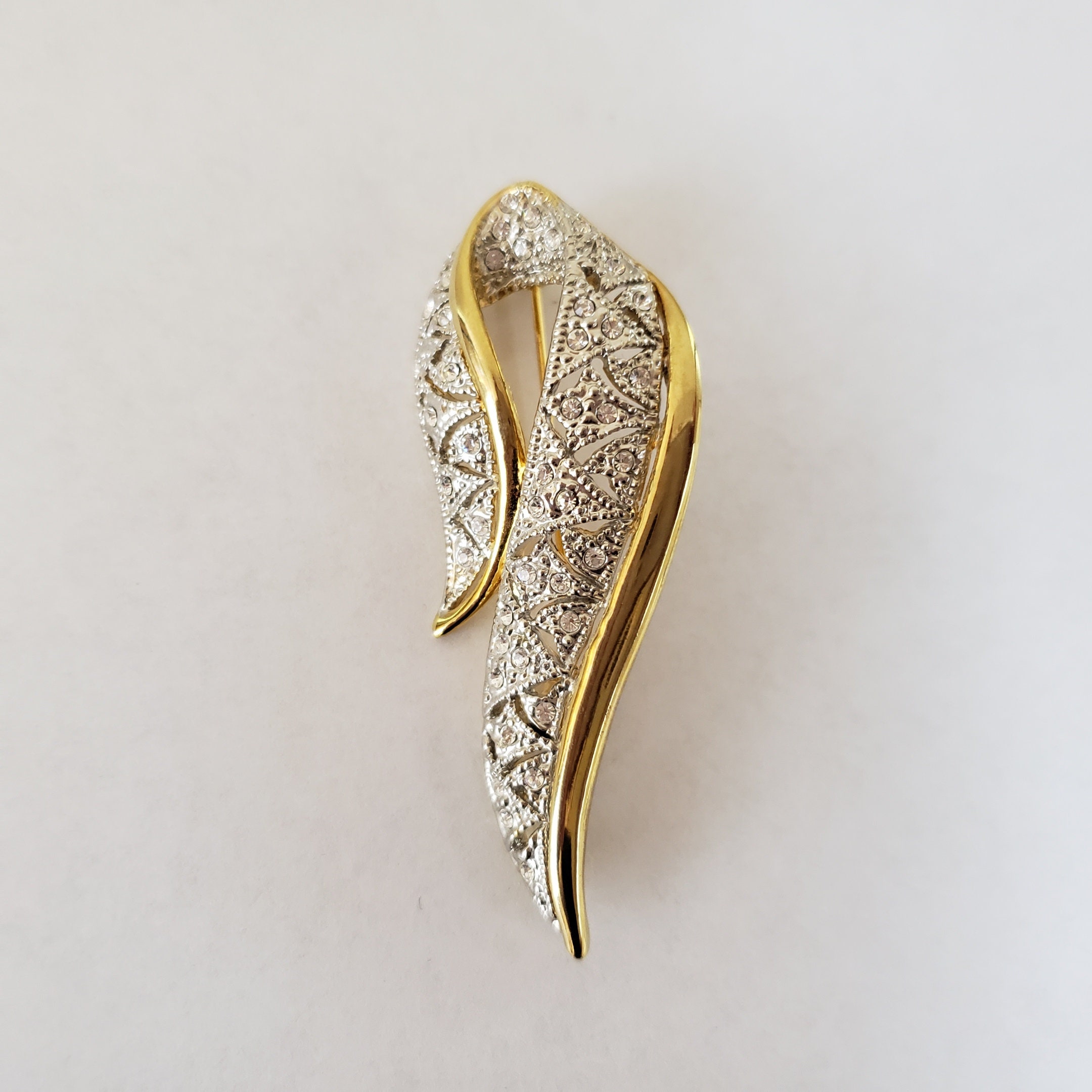 Gold Tone Ribbon Brooch With Pavé Stones | Etsy