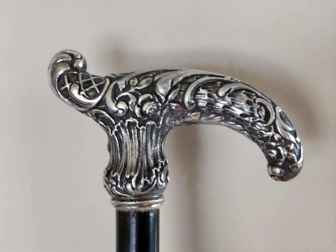 Antique European Gentlemans Walking Cane With Ebonized Shaft and Silver ...