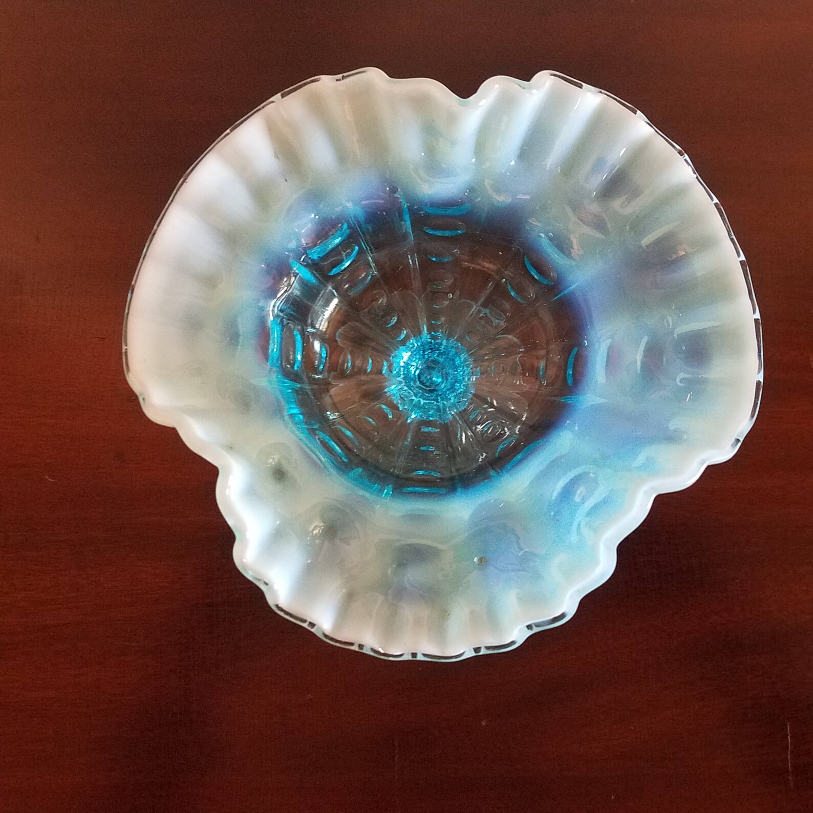 Dugan Glass Co. Blue Opalescent Footed Compote With Coinspot | Etsy