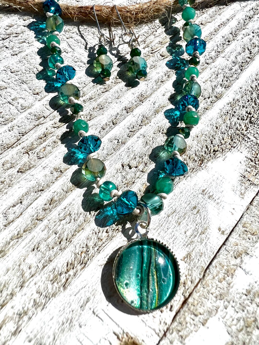 Handmade Neptune Necklace: Teal Glass Bead Medallion, 17" - Etsy