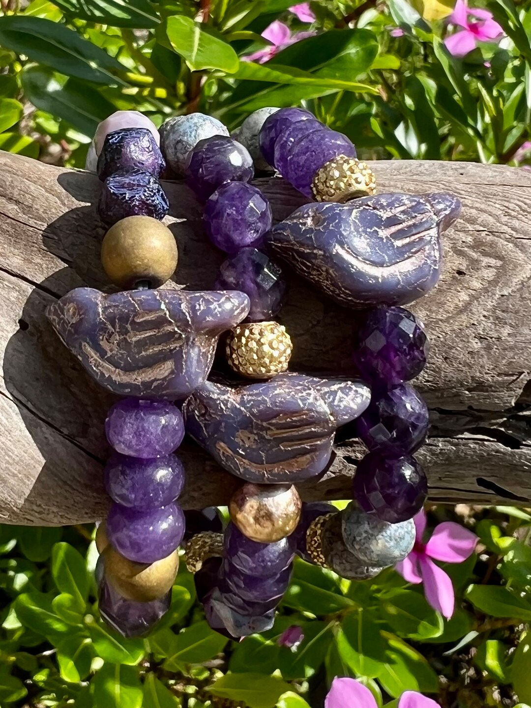 Amethyst and Glass Bird Bead Bracelets, Bracelets, Handmade Jewelry ...