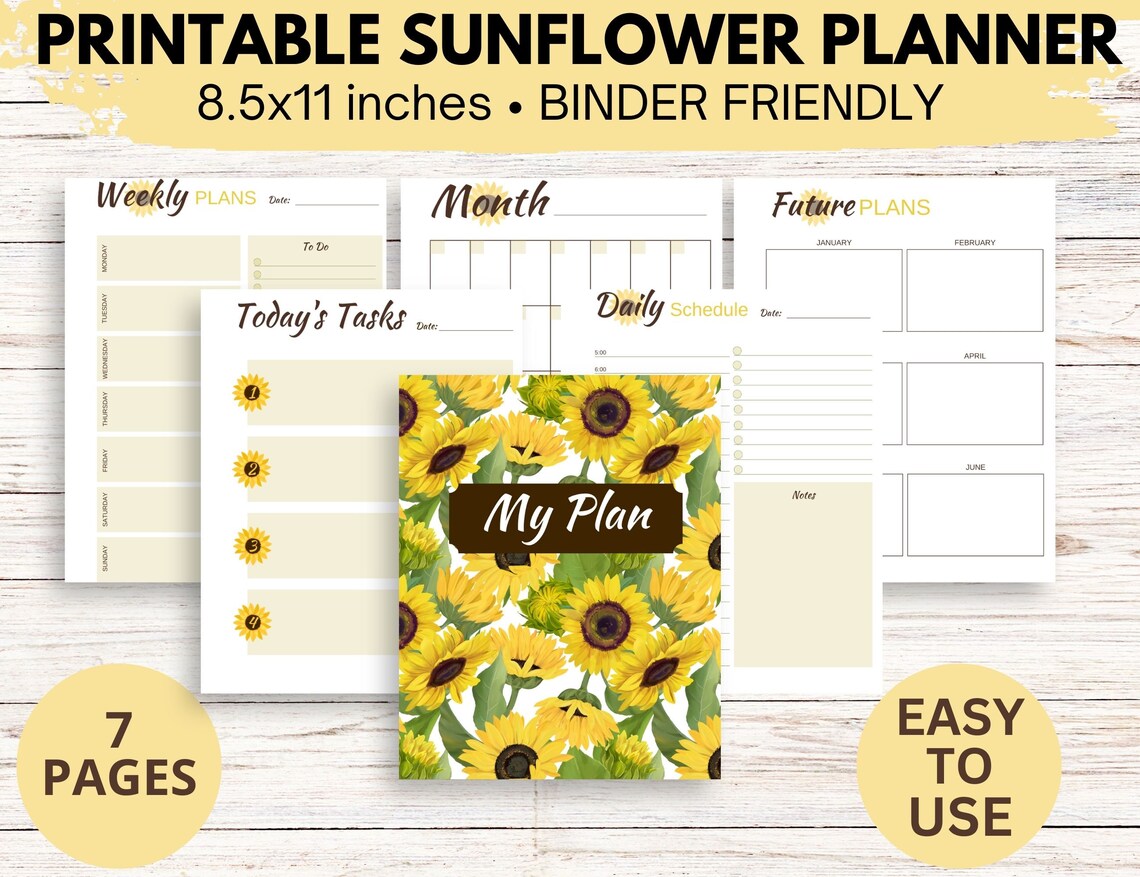 Printable Planner Sunflower Theme, Daily, Weekly, Monthly, Yearly ...