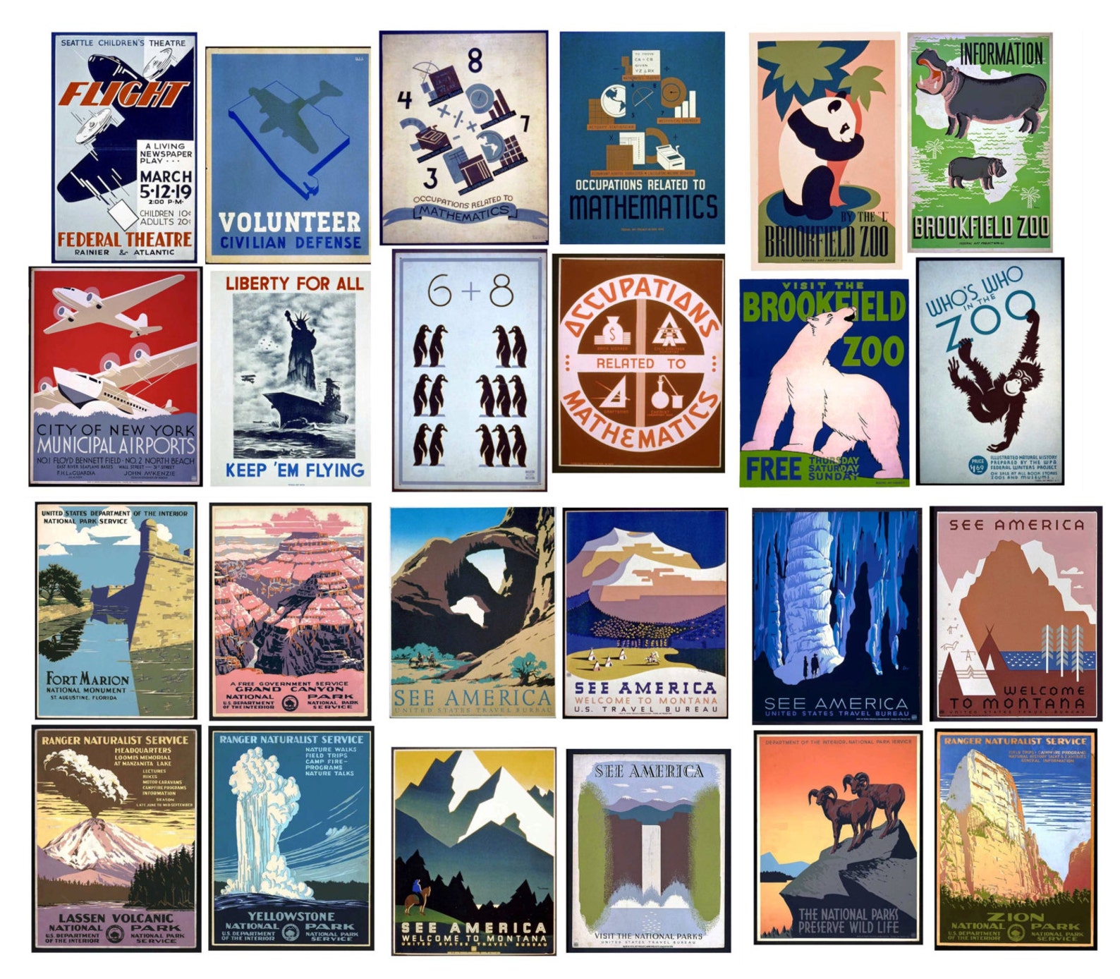 WPA Posters Collection, 6 Collage Sheets With 24 Vintage Posters ...