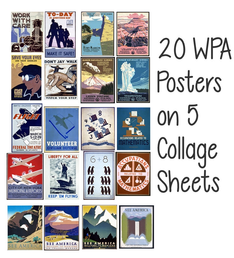 WPA Posters. 20 Prints on 5 Collage Sheets, Aviation, Math, National ...