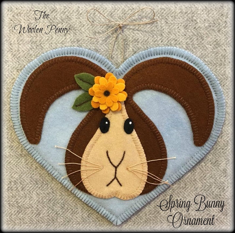 Spring Bunny Hanging Heart Ornament Wool Applique Pattern - Etsy