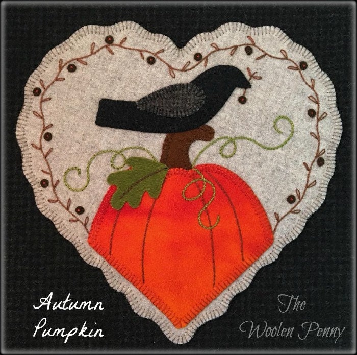 Autumn Pumpkin Wool Applique Heart Shaped Penny Rug Table Mat - Etsy