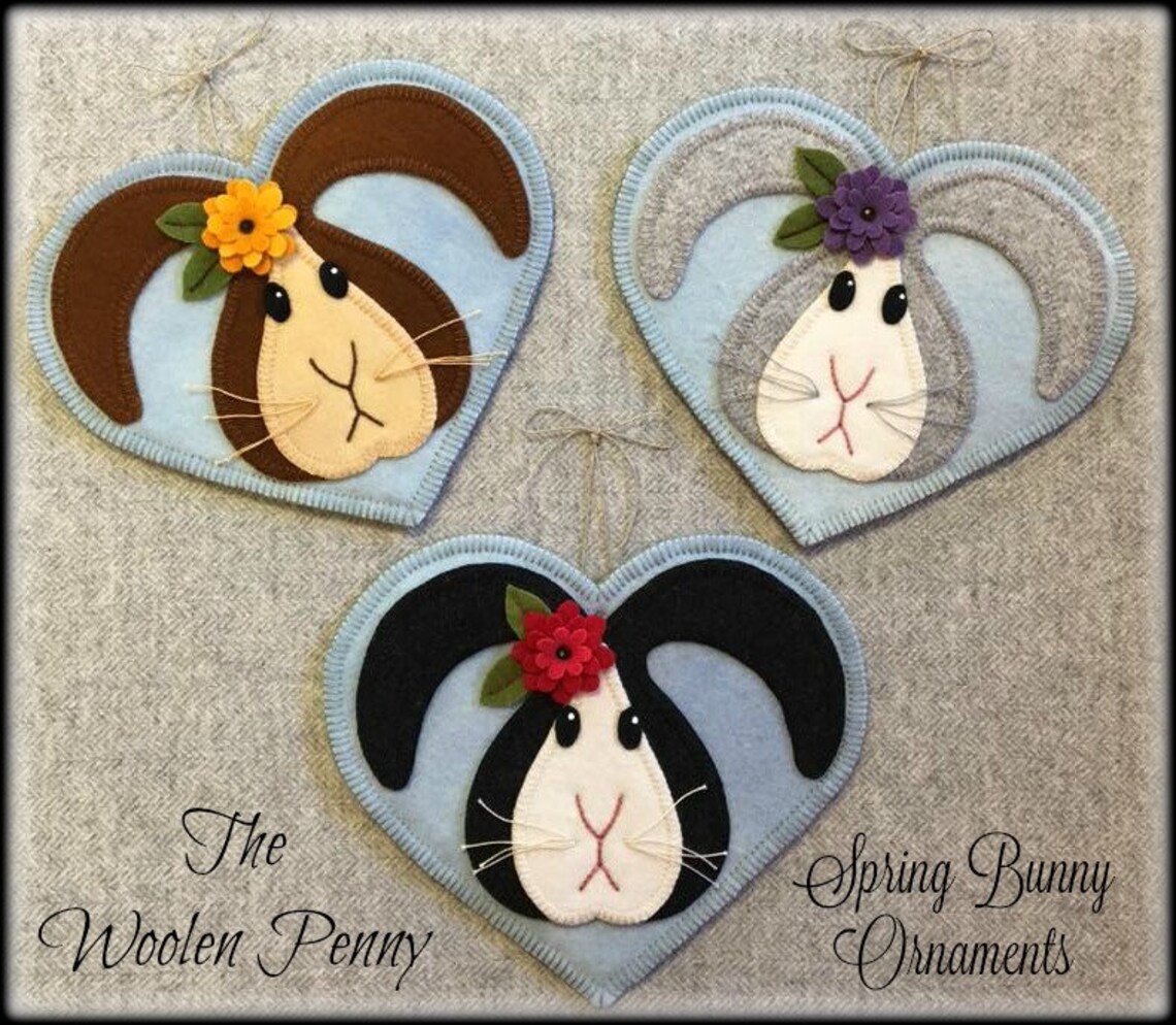 Spring Bunny Hanging Heart Ornament Wool Applique Pattern - Etsy