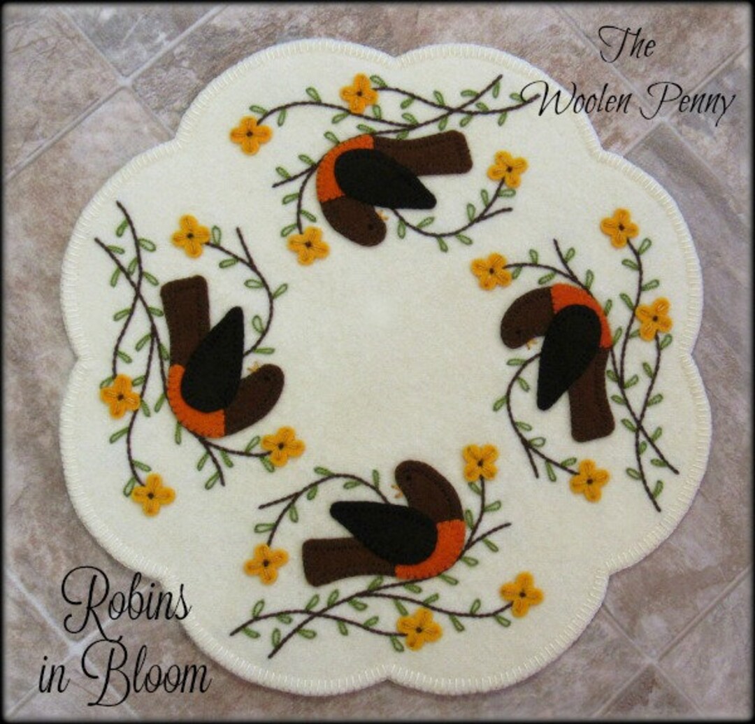 Robins in Bloom Penny Rug Candle Mat Wool Applique PDF PATTERN - Etsy