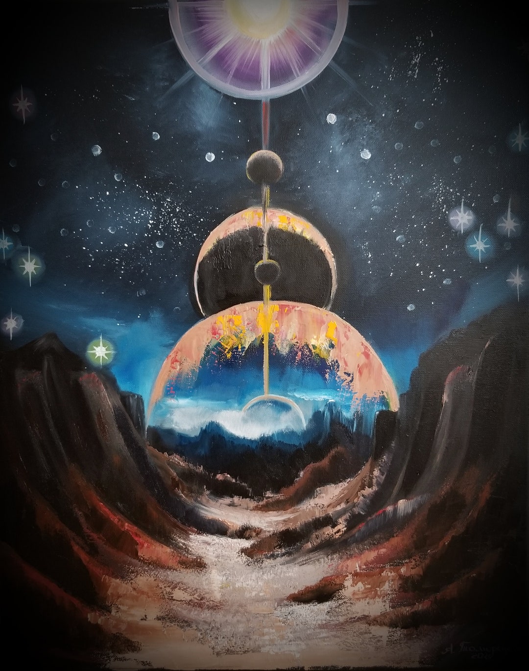 Original Cosmic Landscape Oil Painting | Surreal Mystical Universe Wall ...