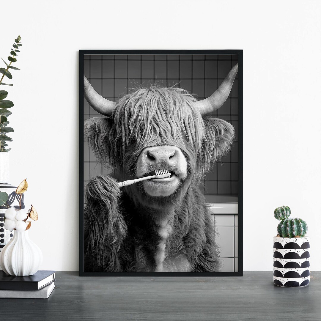 Minty Moo, Highland Cow Brushing Teeth Print Wall Art | A4 A3 A2 A1 - Etsy