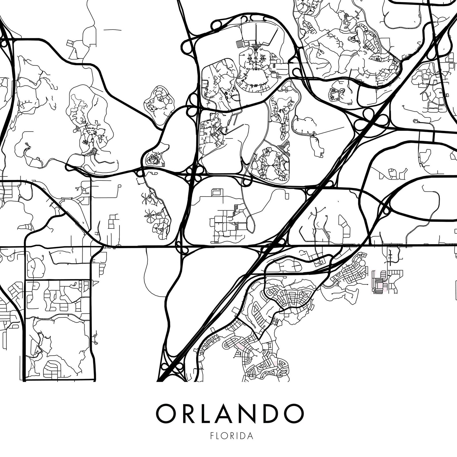 Orlando Theme Park Area, Florida, USA City Map Print Wall Art Poster ...