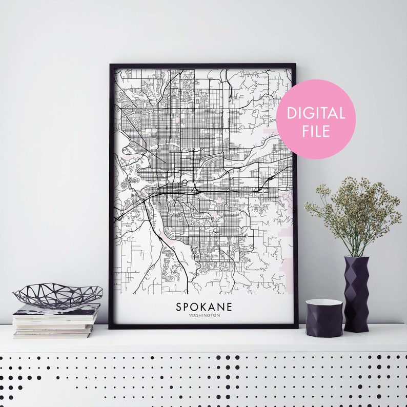 Spokane, Washington City Map Print Wall Art | Print at Home | Digital ...