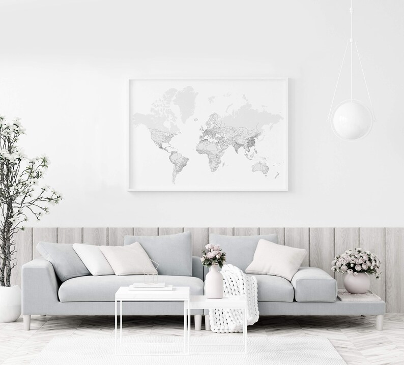 Grey World Map Print Wall Art | A4 A3 A2 A1 A0 - Etsy