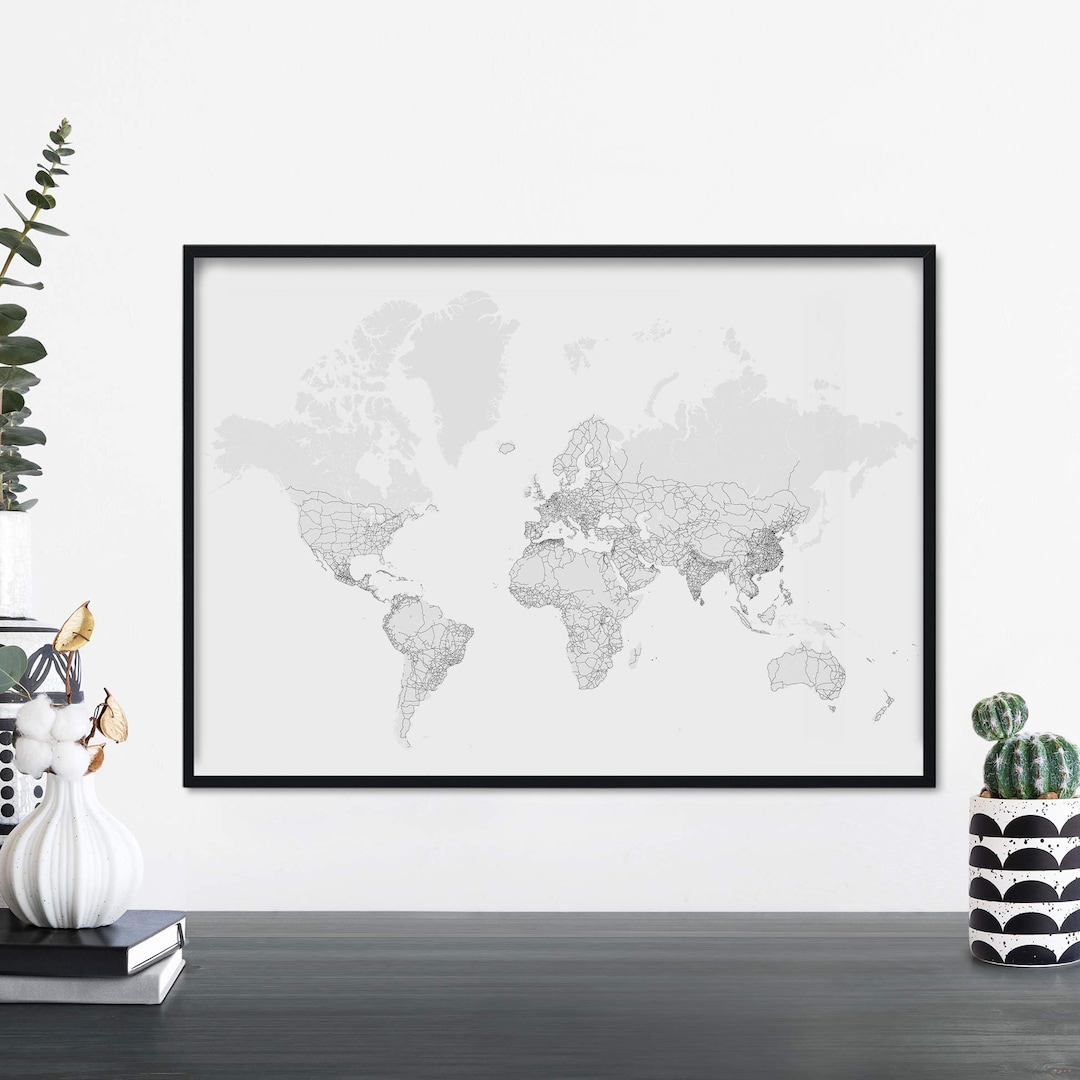 Grey World Map Print Wall Art | A4 A3 A2 A1 A0 - Etsy