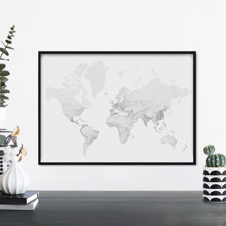 Grey World Map Print Wall Art A4 A3 A2 A1 A0 | Etsy
