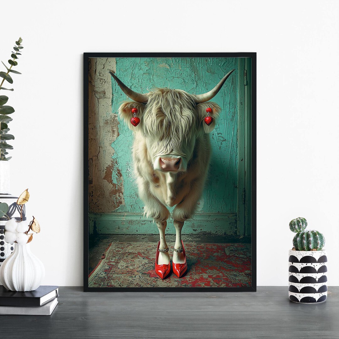 Highland Glam, Highland Cow in Red Heels Print Wall Art | A4 A3 A2 A1 ...
