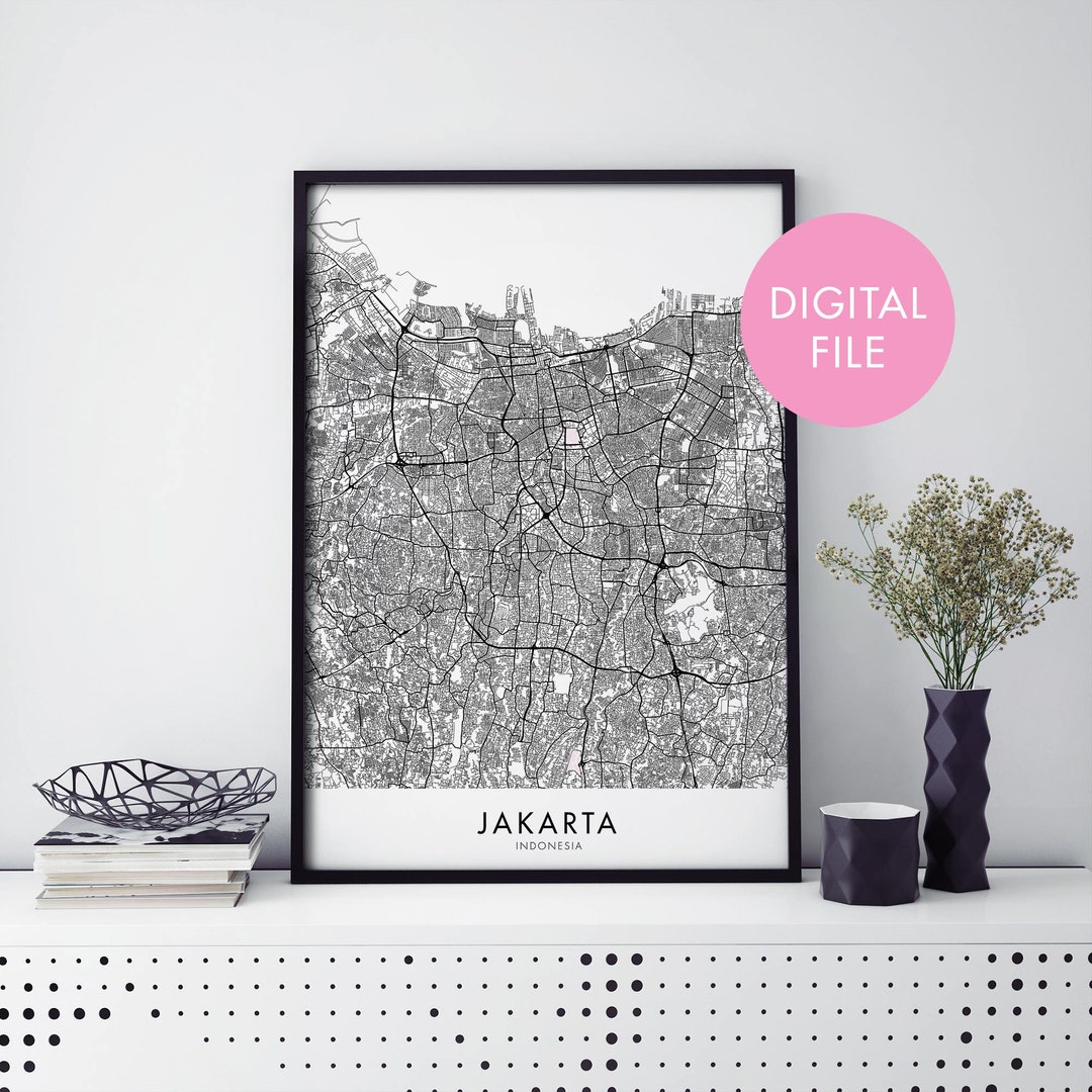 Yakarta, Indonesia Mapa de la ciudad Imprimir arte mural / Imprimir en ...