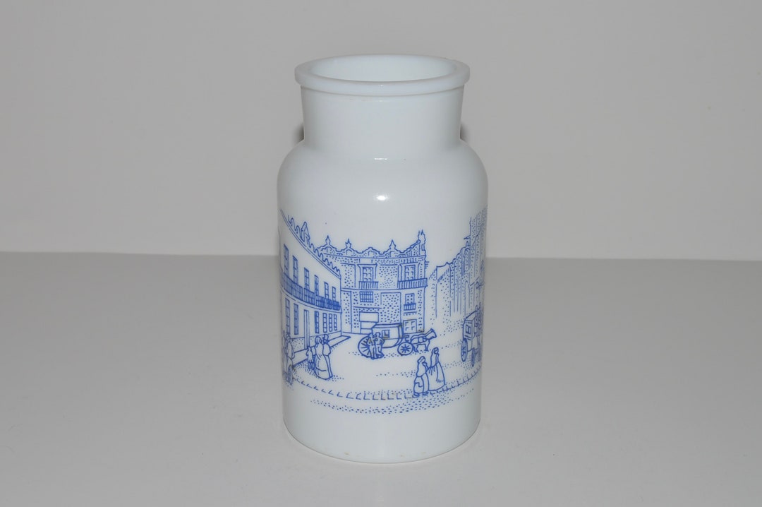 Vintage Blue White Milk Bottle, Milk Glass W Blue Cityscape Design ...